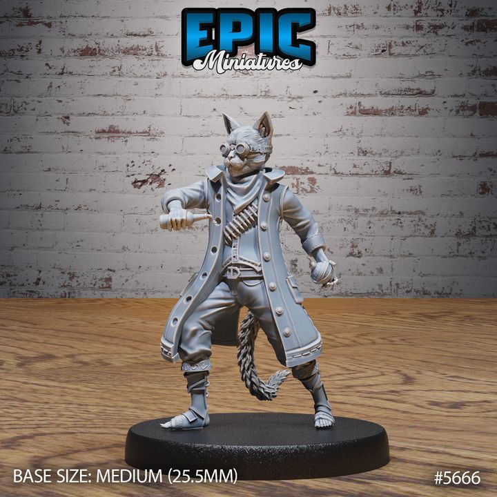 3D Printable Catfolk Gunner Jasper Throwing / Cat Tribe Warrior / Feline Steampunk Fighter ...